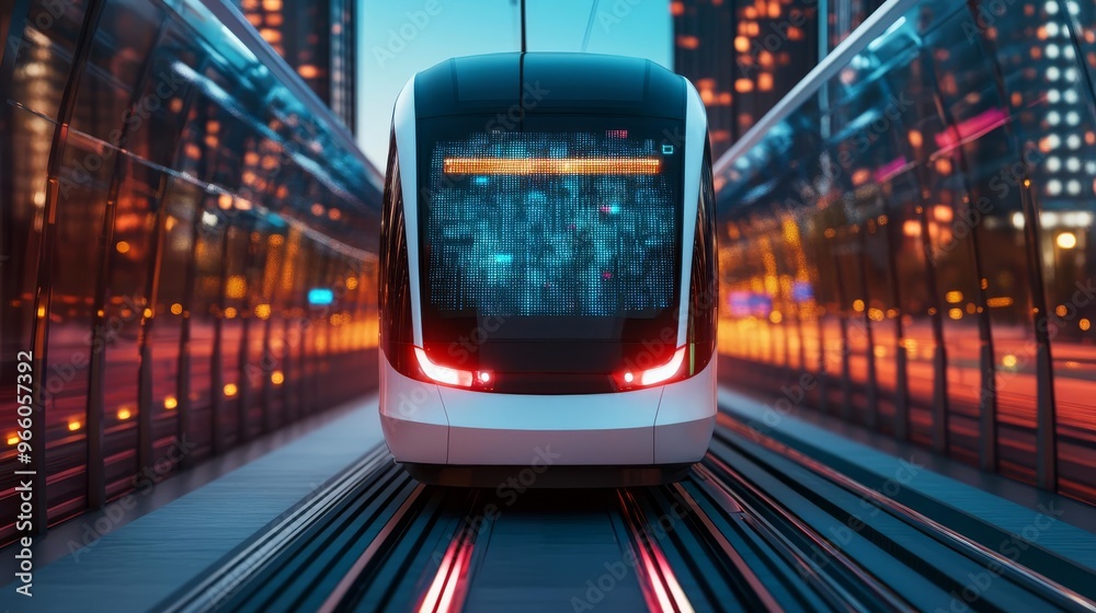 Poster Electric Tram Network Ai Driven Scheduling Digital City Map Dusk Glow Wall Art