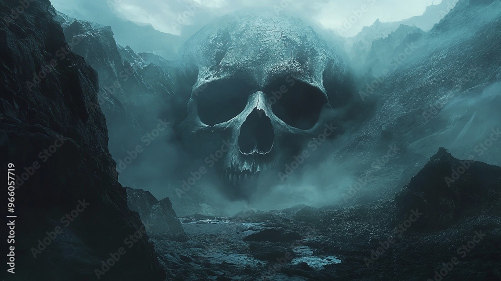 giant skull carved into rocky mountain cliffs, surrounded by mist and ...