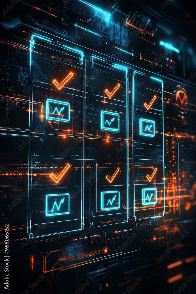 Futuristic digital interface with glowing check marks and graphs ...