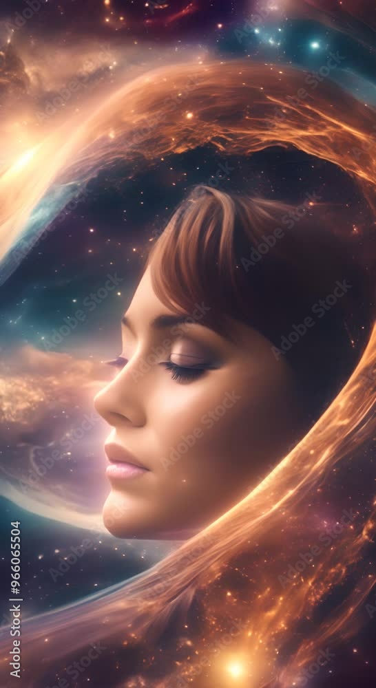 Womans face immersed in a cosmic dreamscape symbolizing imagination and ...