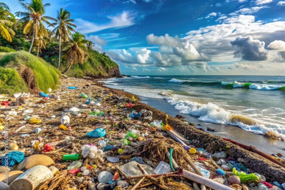 Discarded trash and debris litter a pristine coastal shoreline ...