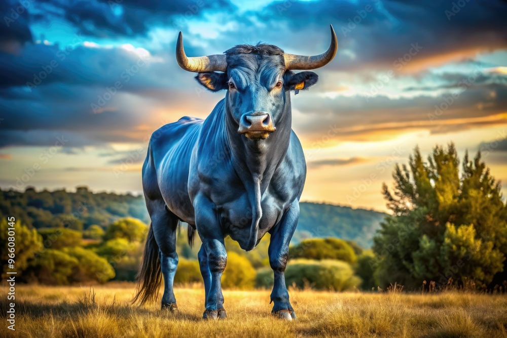 Majestic muscular blue bull stands proudly in a sun-kissed rural ...
