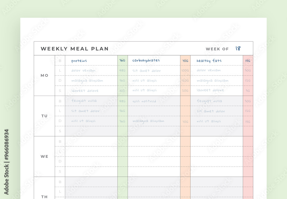 Weekly Meal Planner Layout For Tracking Macro Nutritions Stock Template ...