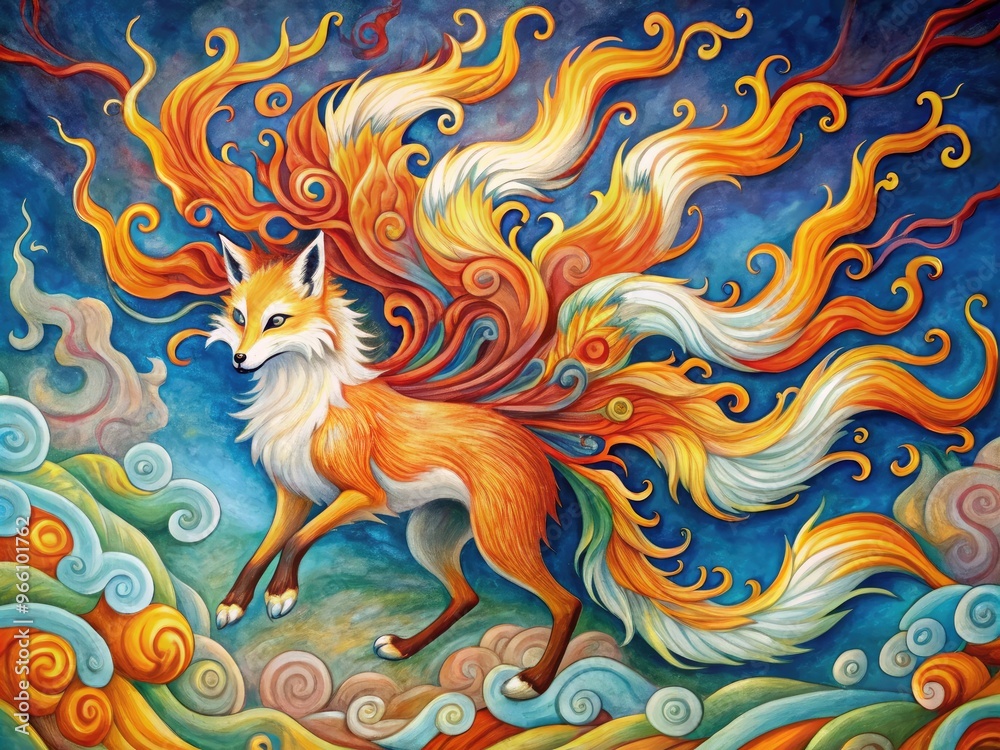 Traditional Korean Painting Depicting The Mysticalä¹ å°¾ç‹ (Nine-Tailed ...