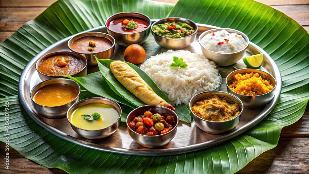 Traditional South Indian Thali With Vegetarian Curries, Rice, Papadum ...