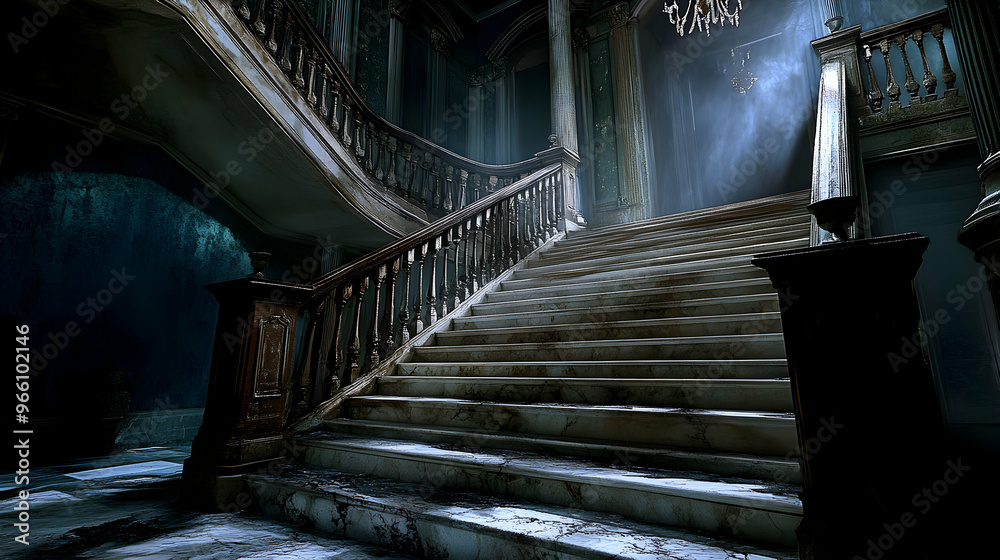 Poster A grand staircase inside a haunted mansion, with cracked marble ...