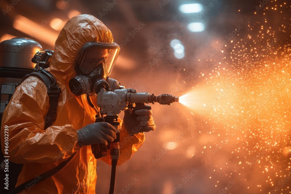 skilled pest control expert in hazmat suit spraying insecticide ...