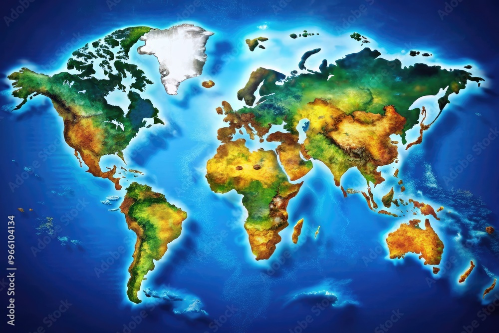 Vibrant, highly detailed illustration of a world map with clearly ...