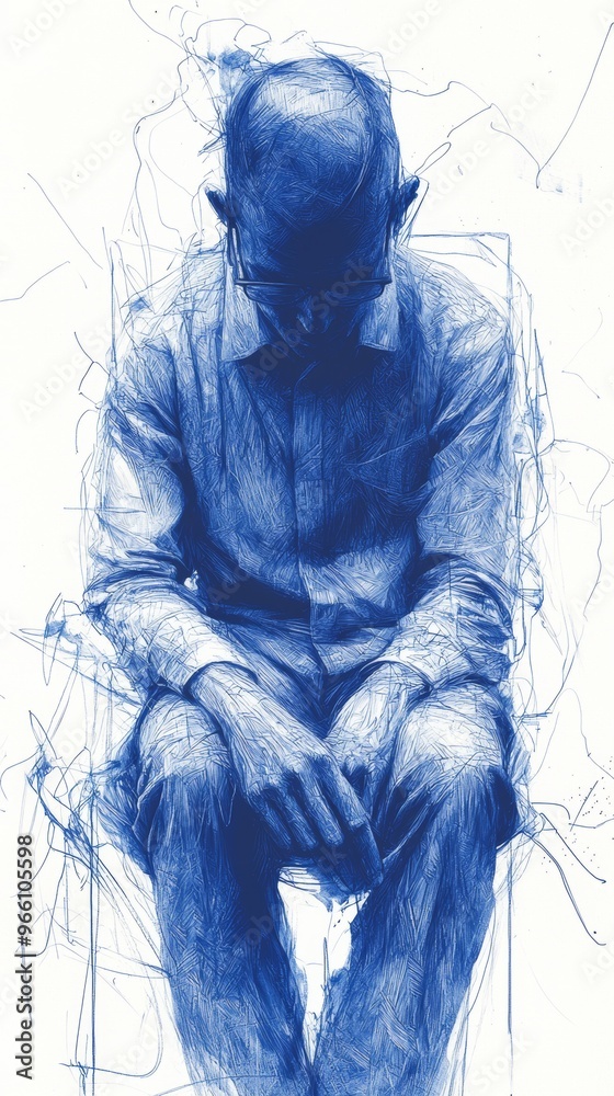 This digital artwork portrays an elderly man sitting, drawn with blue ...