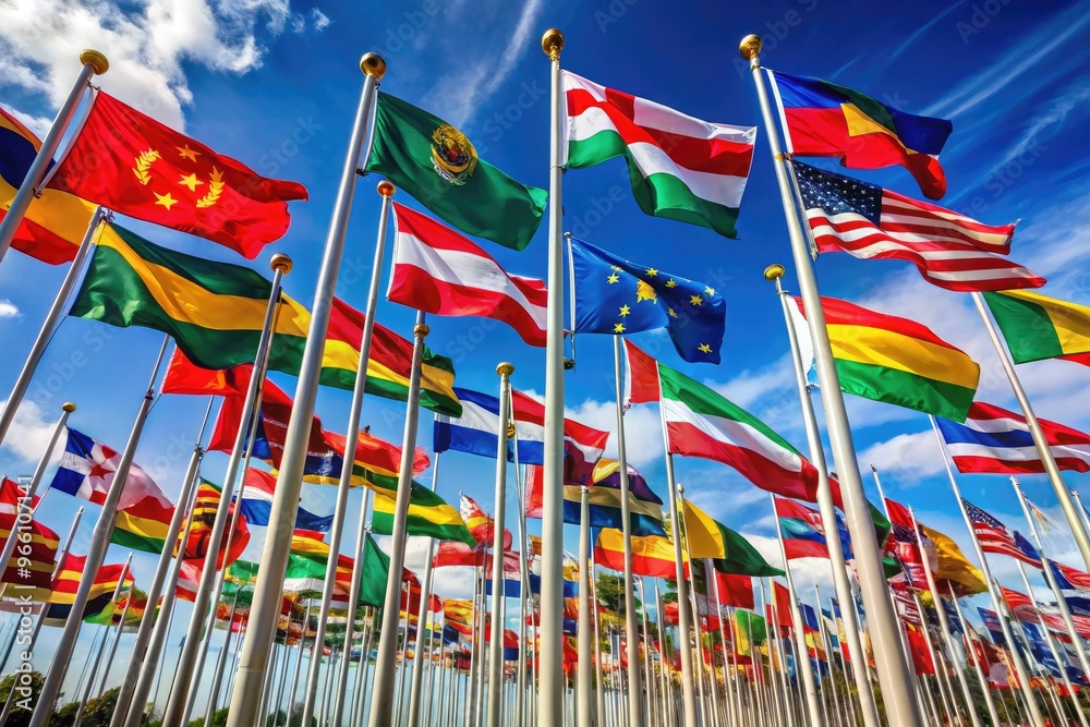 Vibrant colorful national flags from around the world gathered together ...