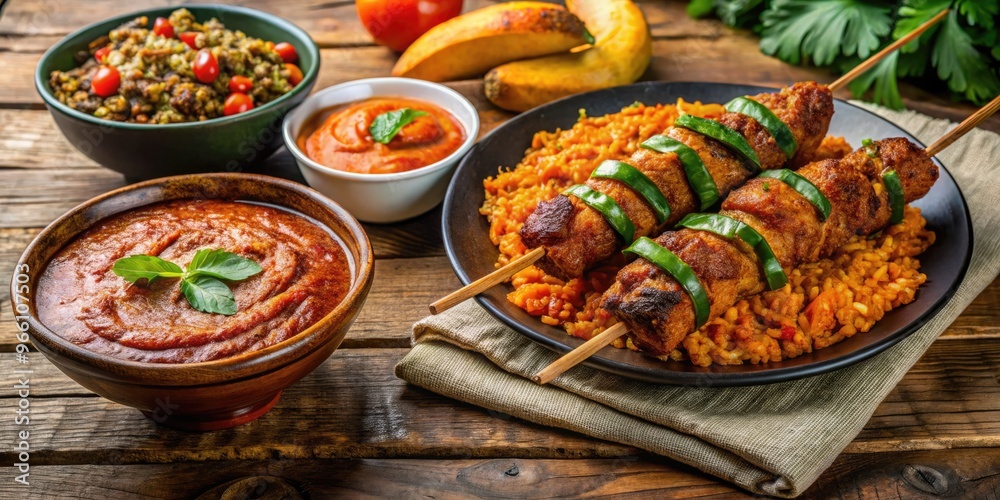 Vibrant colors of jollof rice, suya skewers, and egusi soup alongside ...