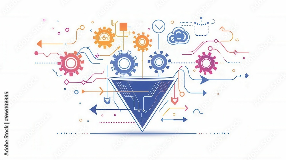 A minimalist line art illustration. A single line forms a funnel with ...