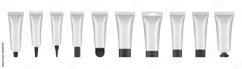 Set of white cosmetic tubes with black caps. Closed blank tubes with ...