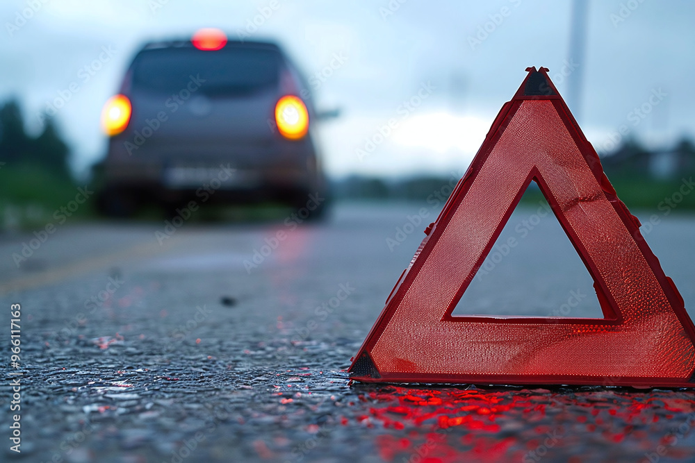 Red emergency safety triangle or stop sign on road. Damaged car on city ...