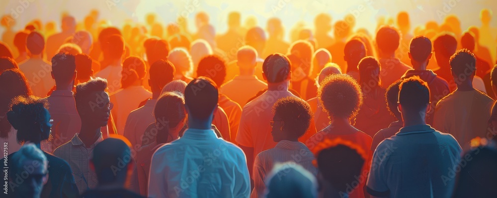 A diverse crowd of people gathered under a warm light, each person ...