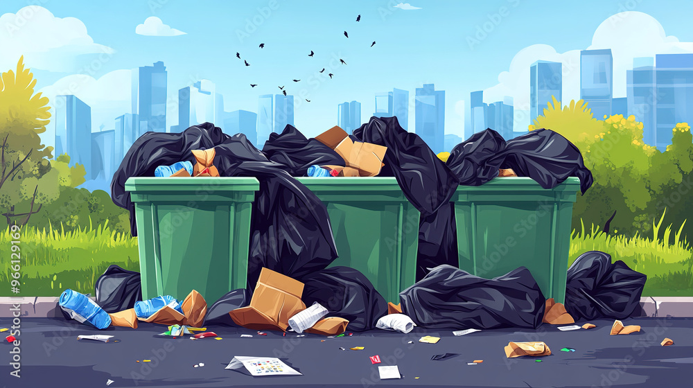 Full garbage bin and black plastic trash bags around. Overflowing ...