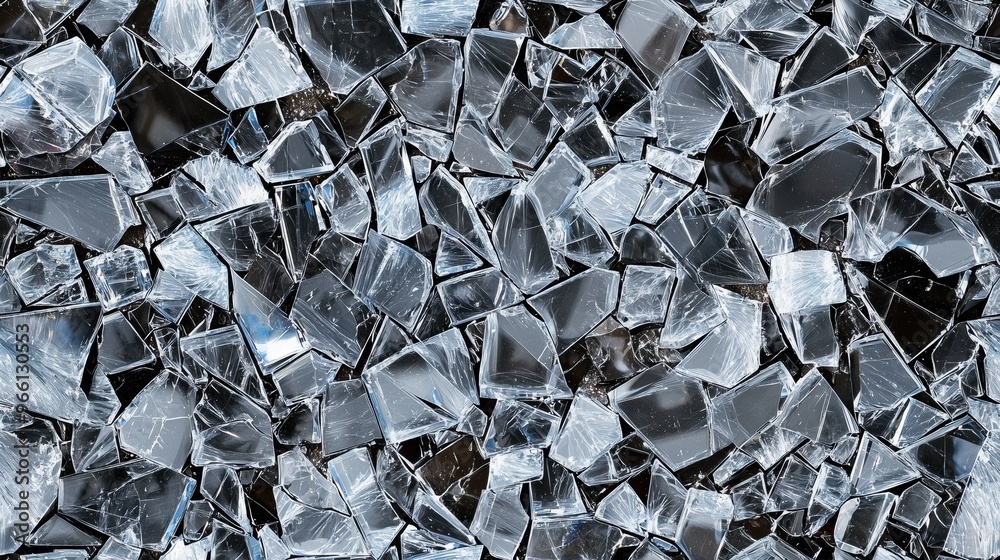 Shattered glass pieces scattered on a surface, reflecting light and ...