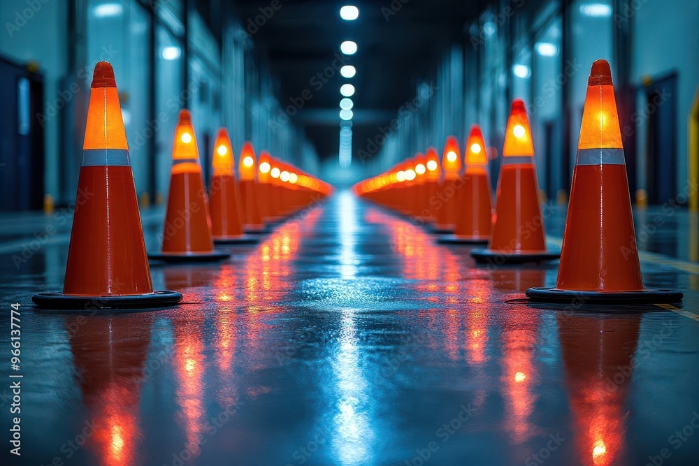 warehouse aisle with bright orange safety cones and flashing warning ...