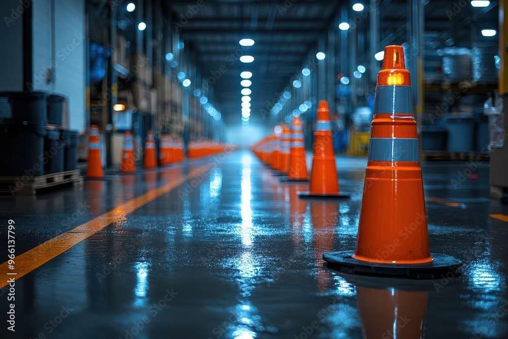 warehouse aisle with bright orange safety cones and flashing warning ...