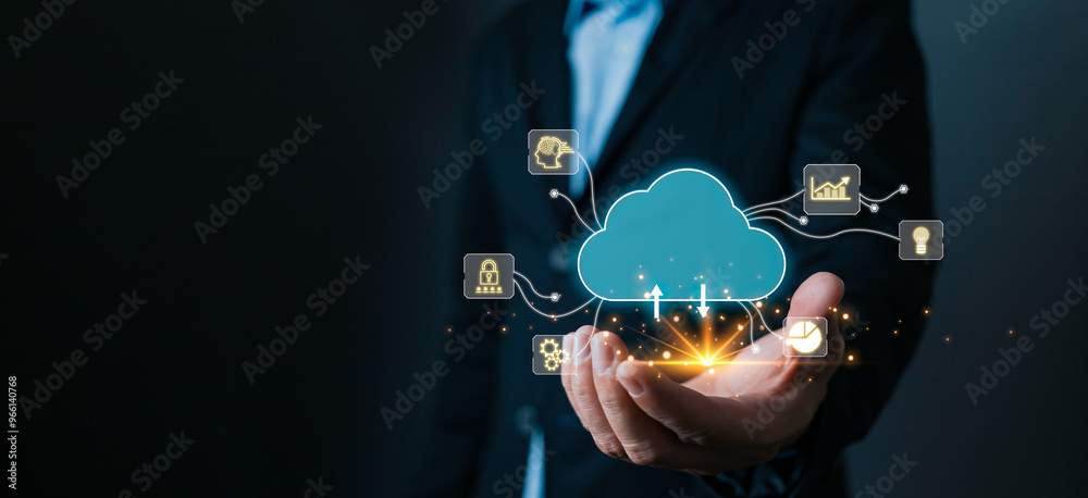 man holding icon cloud tech diagram show on hand. data storage.cloud technology.secure backup ...