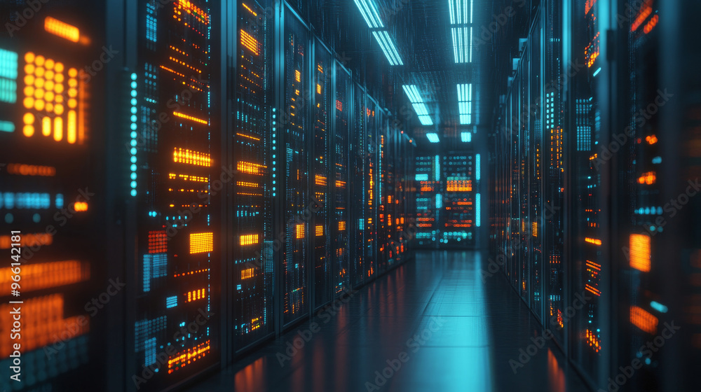 A modern server room in a dark facility, packed with racks of computers ...