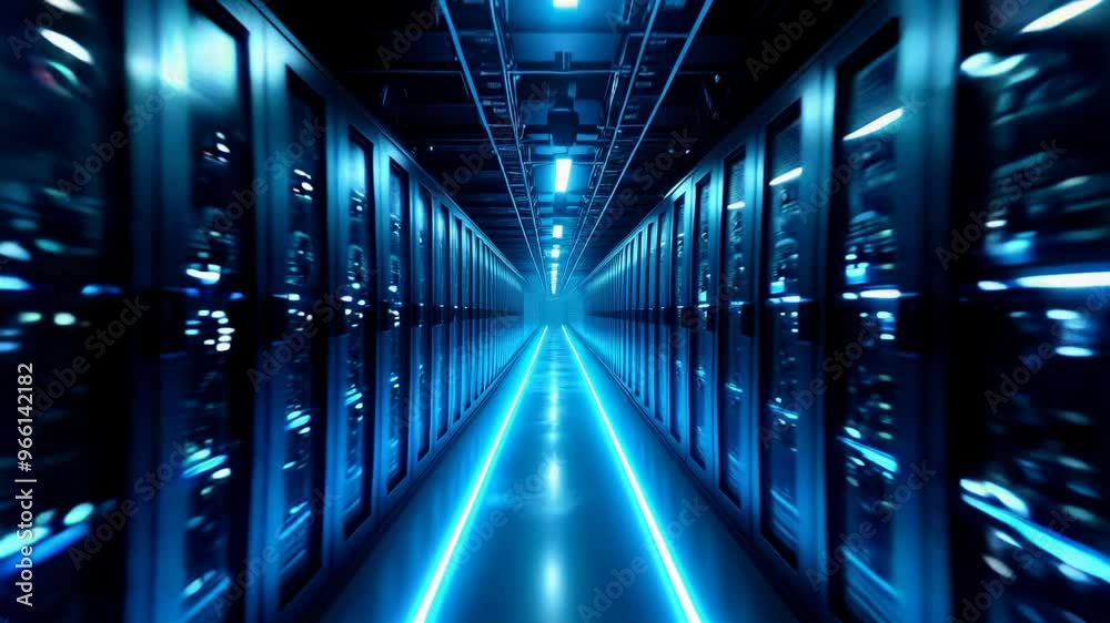 A futuristic server room with long rows of high-tech servers ...