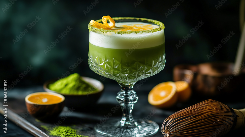 Non-alcoholic matcha yuzu mocktail served in a crystal goblet, topped ...