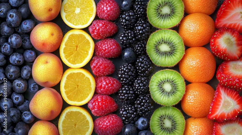 Describe how the symmetry of different fruit types and colors in this ...