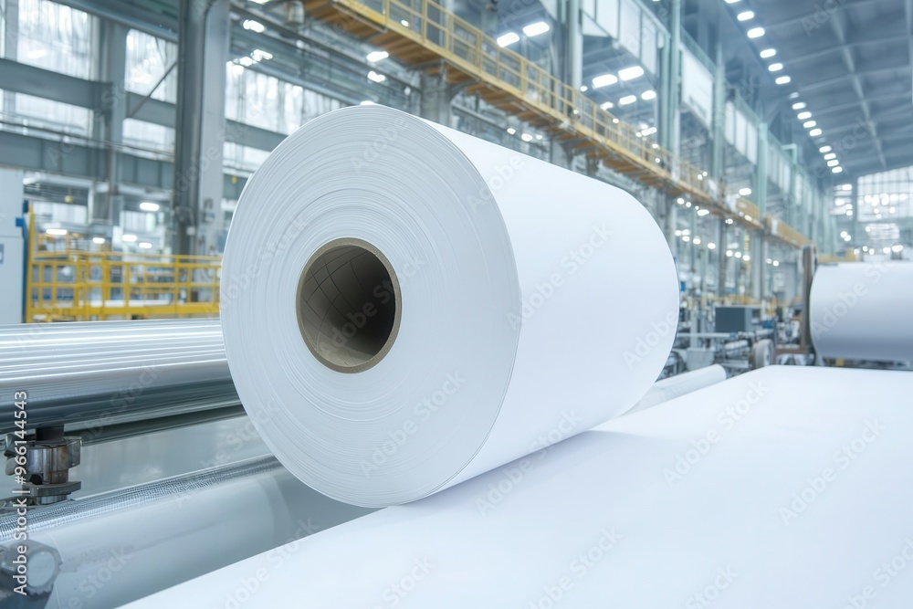 Giant roll of paper spinning on a mechanical roller in a factory ...