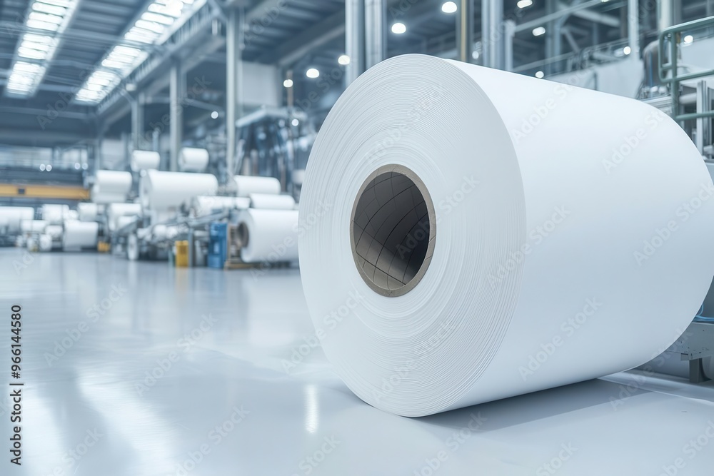 Giant roll of paper spinning on a mechanical roller in a factory ...