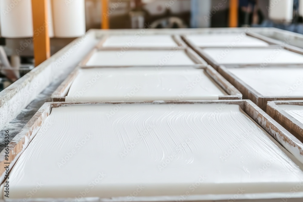 Paper pulp slurry being poured into molds to form sheets, Papermaking ...