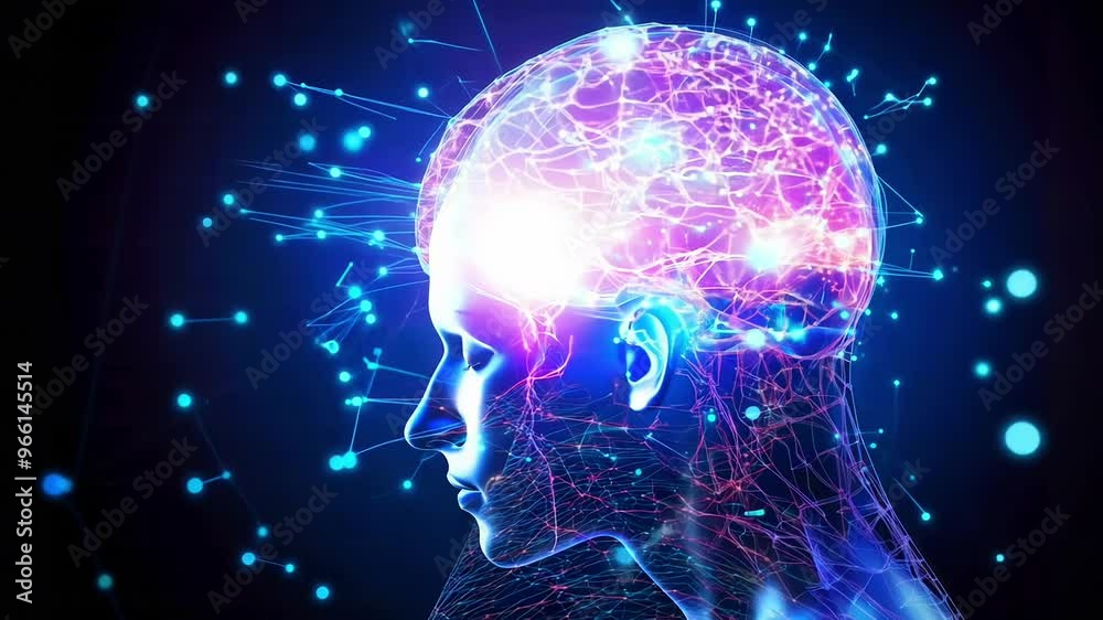 Profile of a human head with a glowing neural network and hexagonal ...