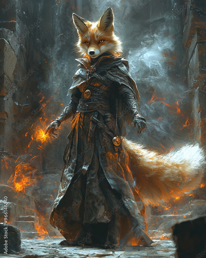 fox beastfolk mage conjuring fire and standing in a dark burning ruin ...