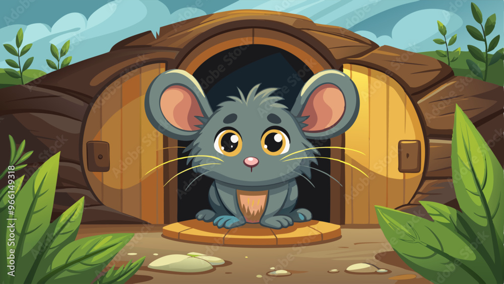 Cute little furry mouse carefully looking out of tiny house in ...