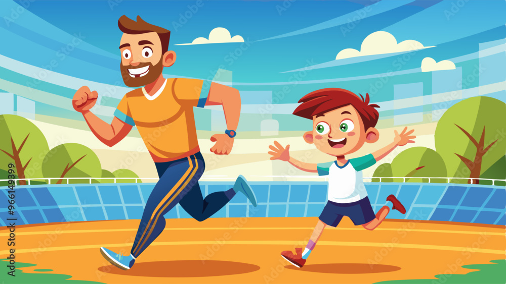 Active father and son running on stadium. Vector cartoon illustration ...