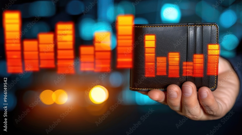A closeup of a hand holding a wallet with digital inflation graphs ...