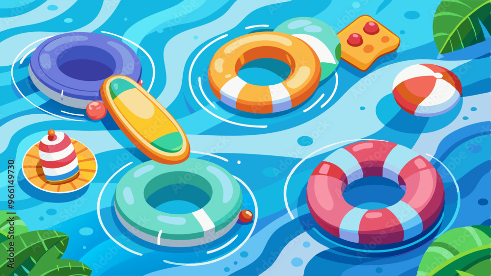 Top view on pools of different shapes with inflatable rings and ...