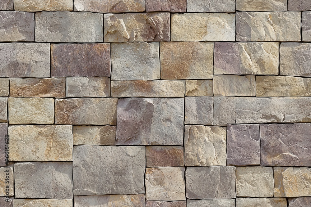 A textured wall made of variously shaped and colored coursed stone ...