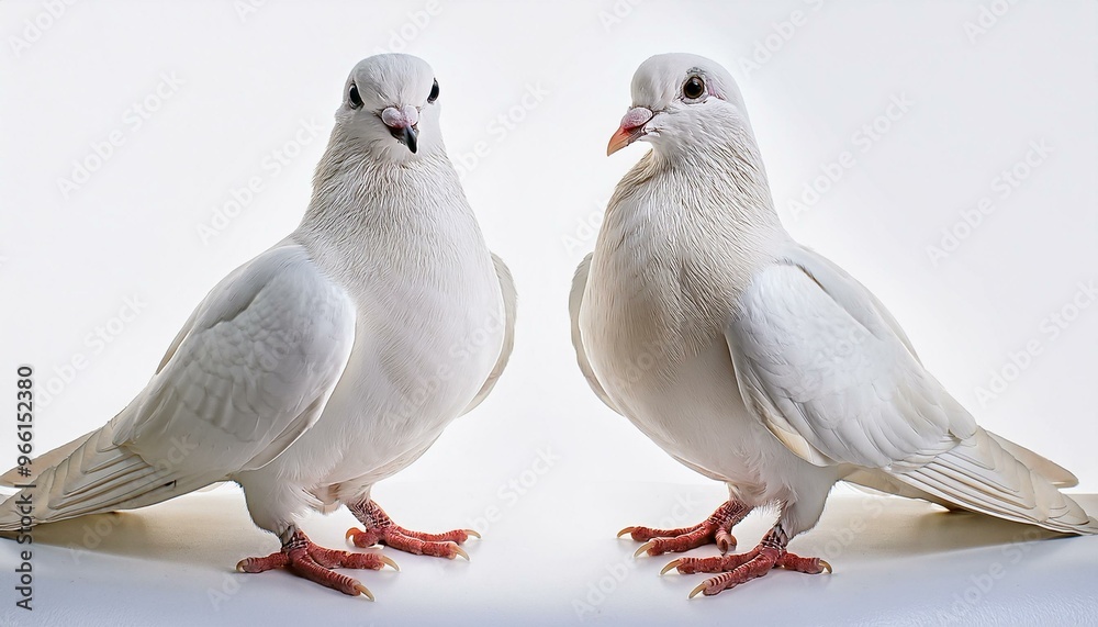 Two white doves standing side by side on a white background. The doves ...