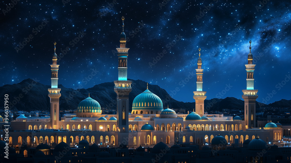 Night view of Nabawi Mosque, domes and minarets shining brightly with ...