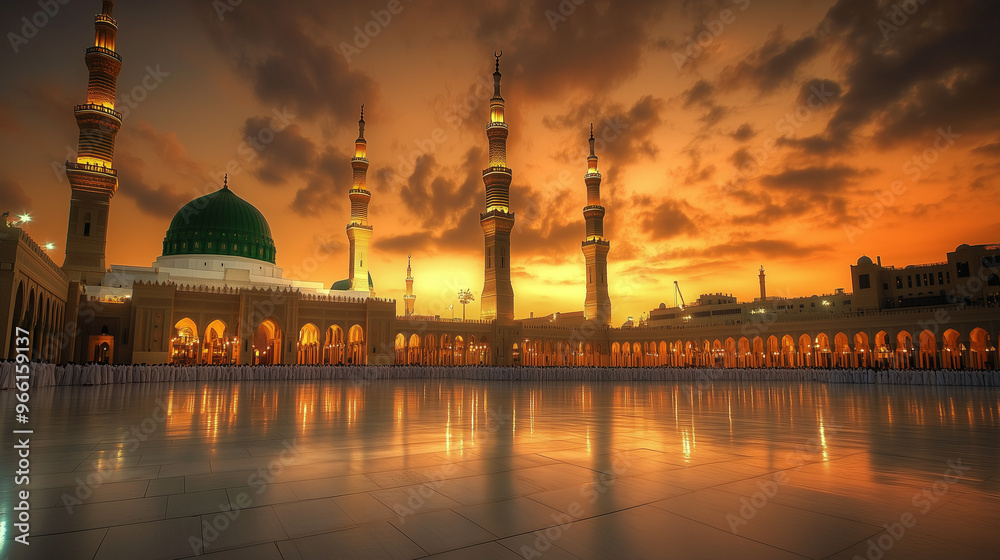 Nabawi Mosque at dusk, the light of the setting sun emits a golden ...