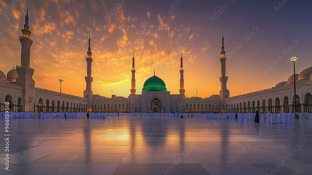 Nabawi Mosque at dusk, the light of the setting sun emits a golden ...
