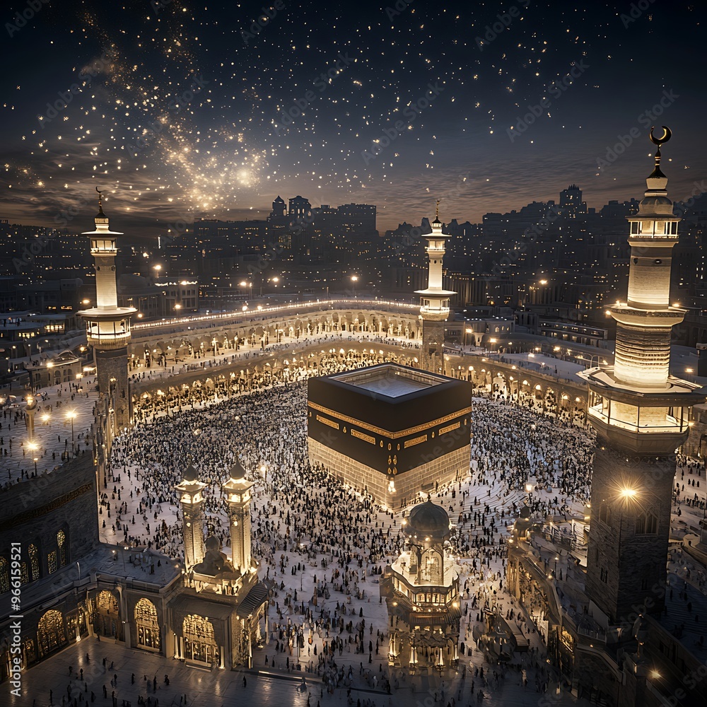 Illuminated Kaaba at Night Connecting Pilgrimage Sites - Beautiful 3D ...