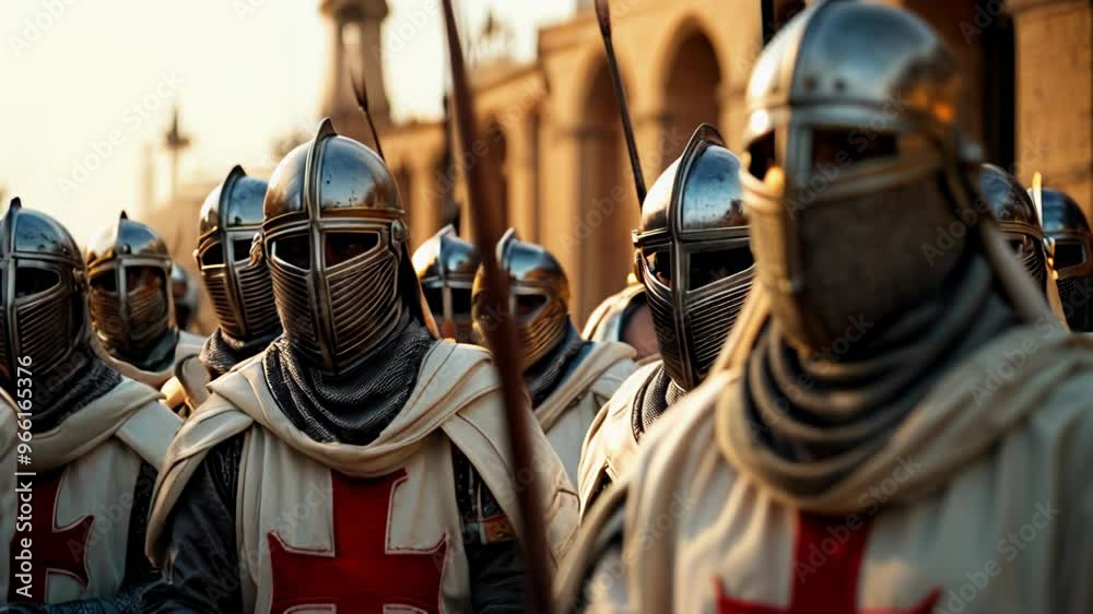 Medieval Knights Templar in armor, white cloaks with red crosses before ...