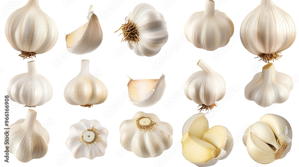Garlic, multiple angles view side top front group whole, cloves, close ...