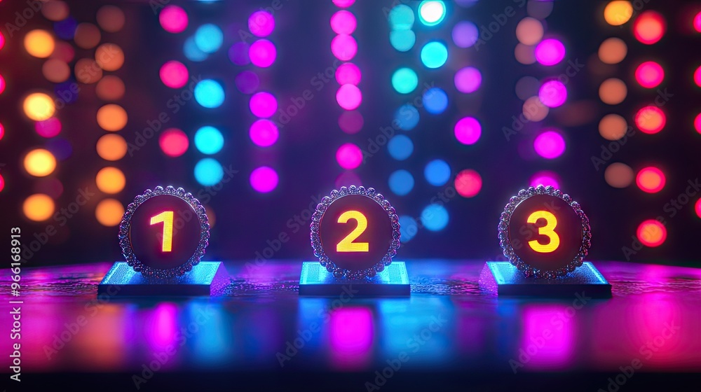 Podium celebrating 1st, 2nd, and 3rd place champions with gleaming ...