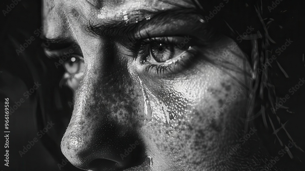 poignant black and white closeup of a womans face tears glistening on ...