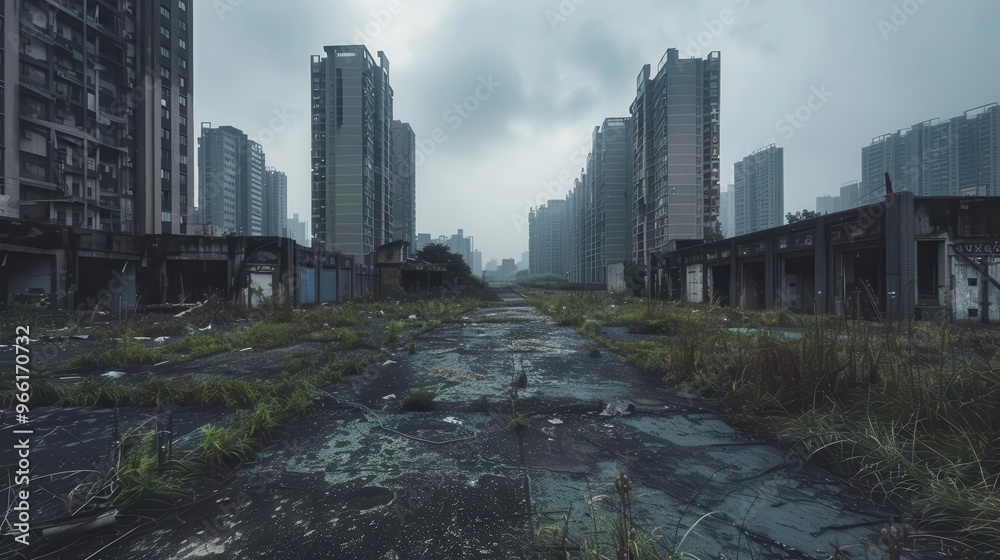 postapocalyptic cityscape with crumbling skyscrapers and overgrown ...