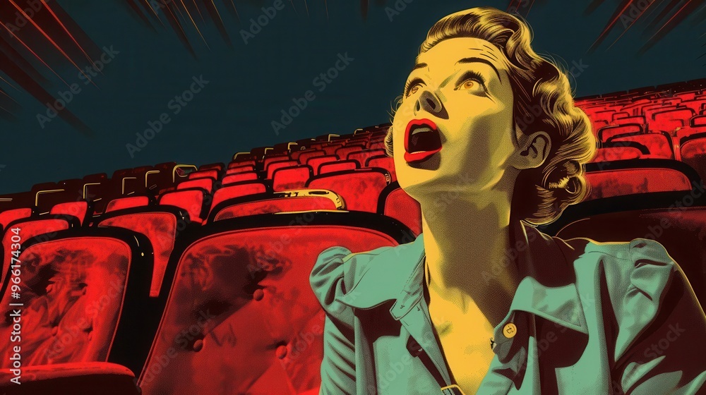retrostyled woman with exaggerated expression of awe in vintage cinema ...