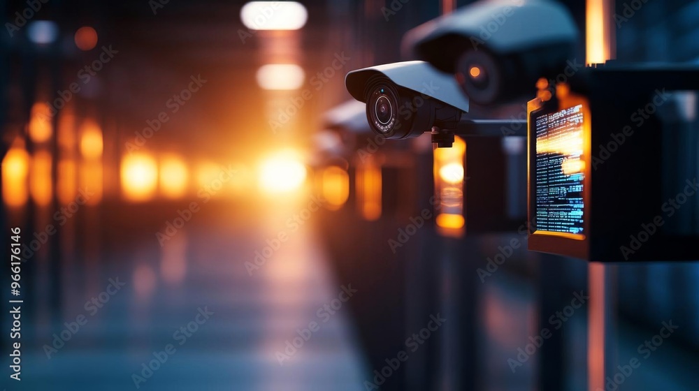 Nighttime warehouse scene with security cameras and digital monitors ...